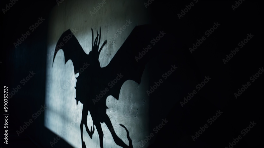 a shadow of a dragon on a wall in a dark room with a light coming ...