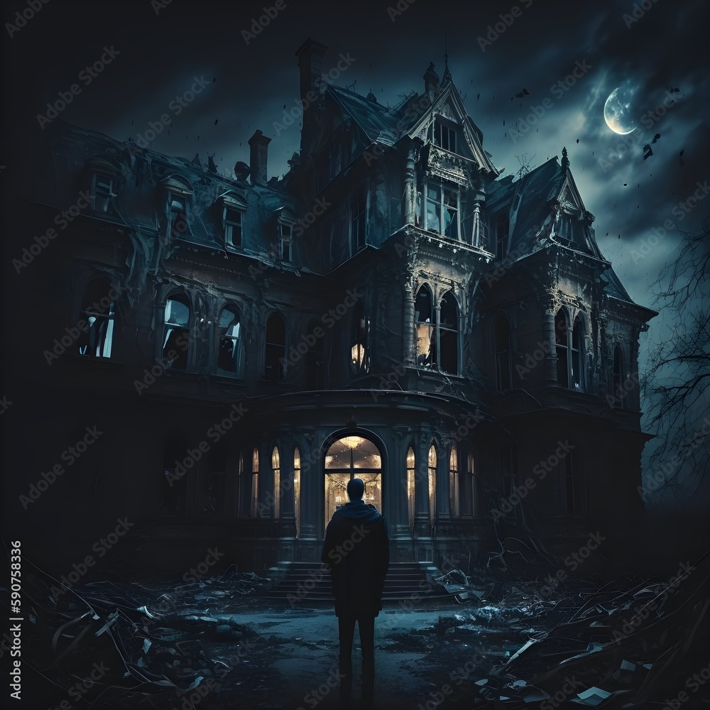 an giant luxurious abandonned mansion creepy feeling ghostly figures ...