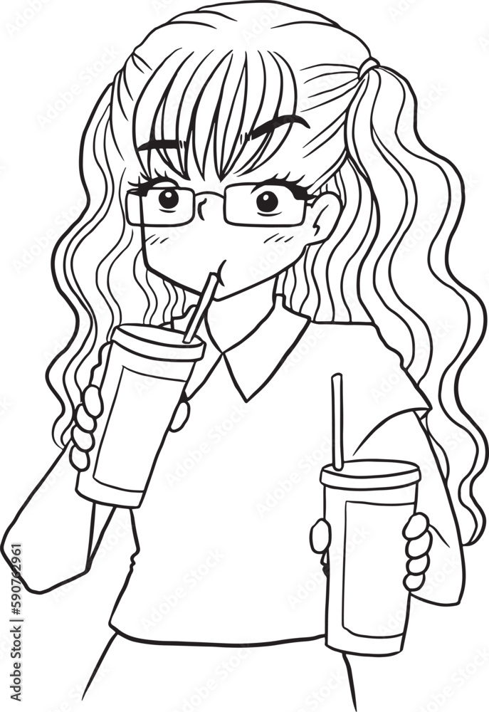 girl sucking water cartoon doodle kawaii anime coloring page cute ...