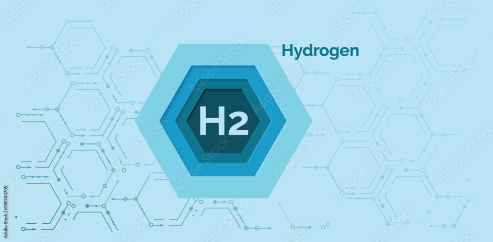 Hydrogen symbol on an abstract blue background of hexagons. Banner ...