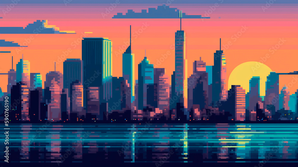 pixel art landscape new york,usa, ilustración de Stock | Adobe Stock