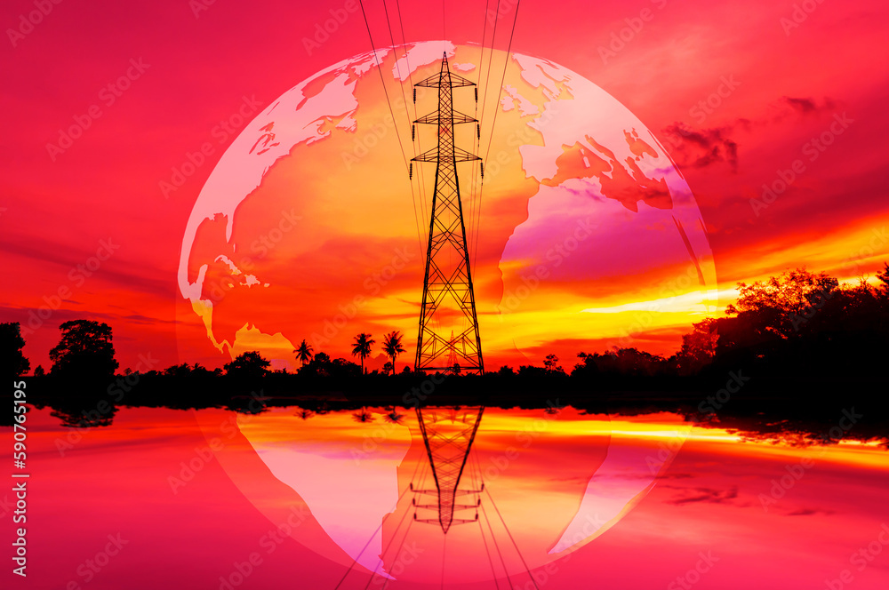 electric pole on sunset background, Sunset over the electric power ...