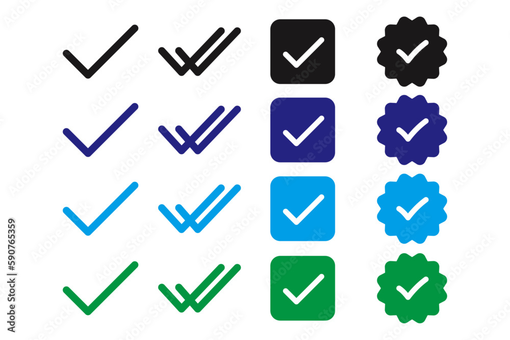 Check mark right or correct icon. Different colors and different shapes ...