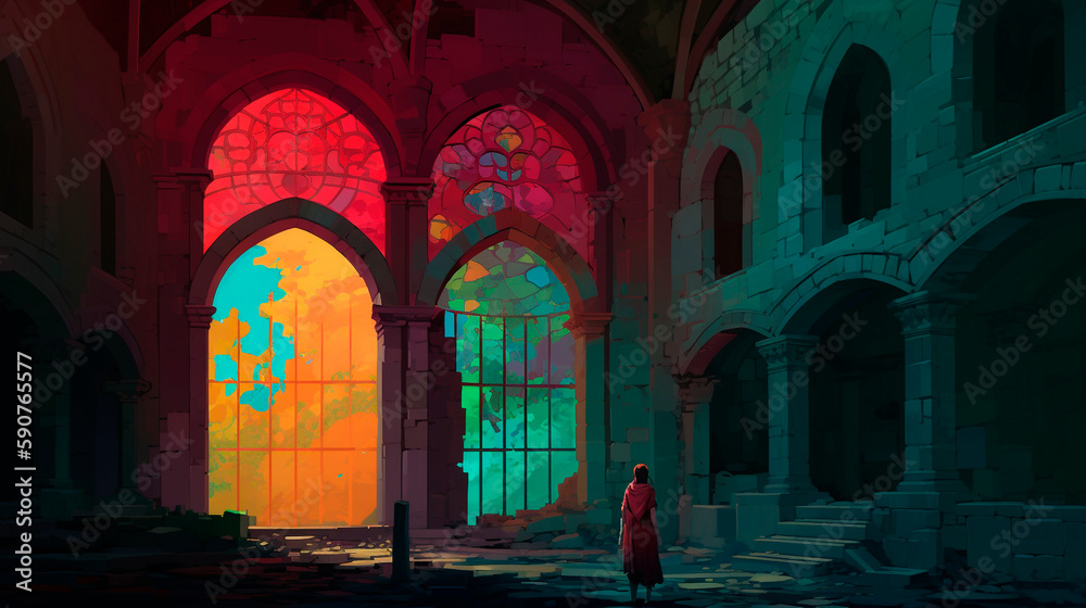 romantic ruins, realistic color palette, stained glass, concept art ...
