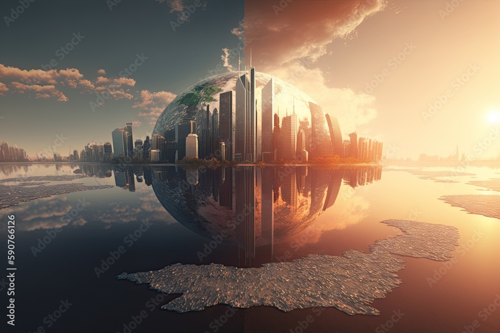 Conceptual of climate change and global warming with melting icebergs ...