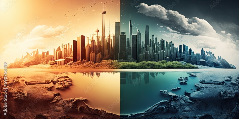 Conceptual of climate change and global warming with melting icebergs ...