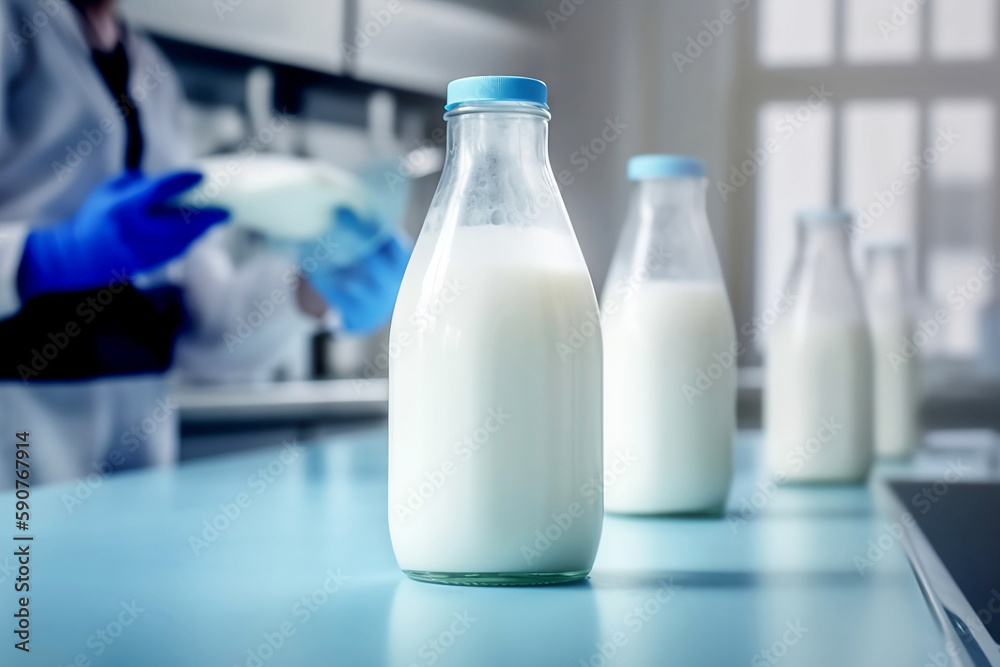 Milk glass bottle in laboratory. Concept for lab grown milk from ...