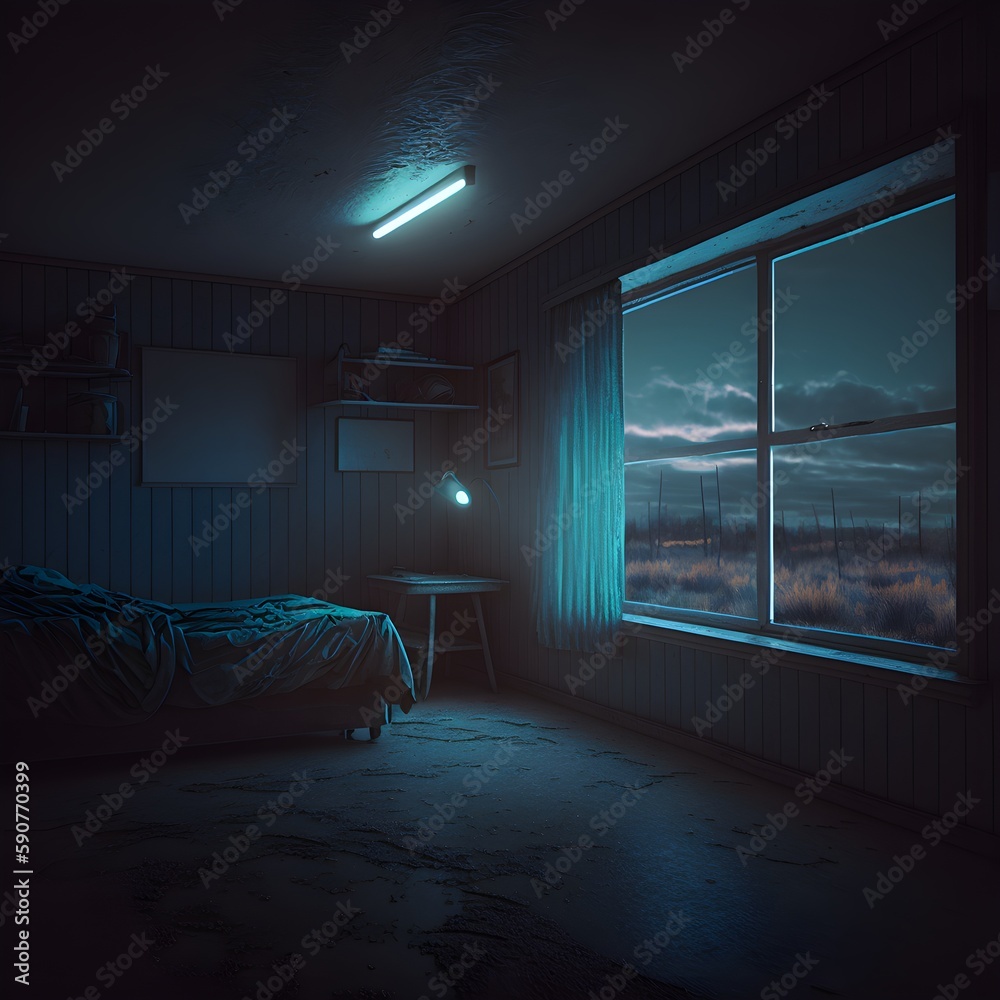 hyper realistic interior of an abandoned motel room on the side of the ...