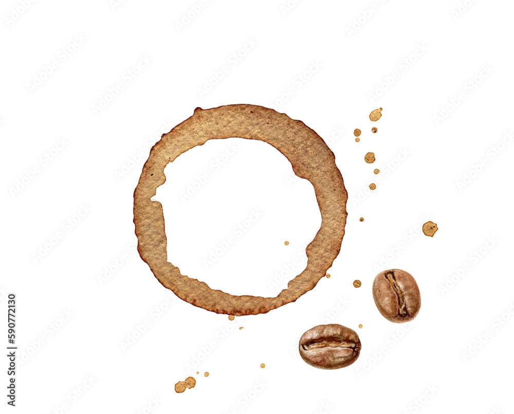 Watercolor illustration of a coffee stains with coffee beans top view ...