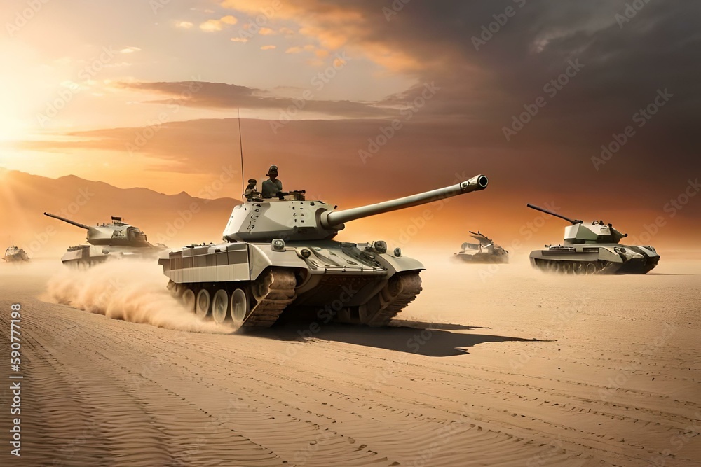 armored tank crosses a minefield during a war invasion epic scene of ...