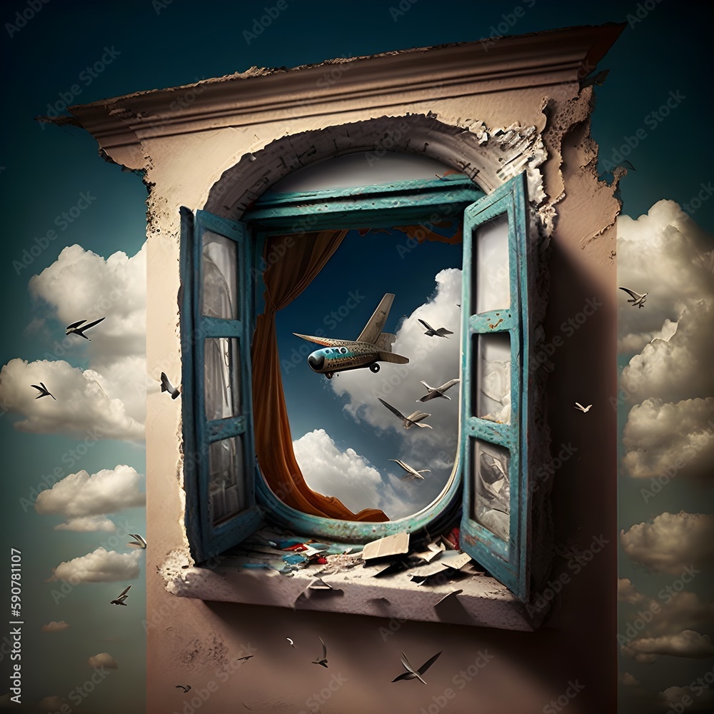 surrealism sky fly in a window many strange things around Stock ...