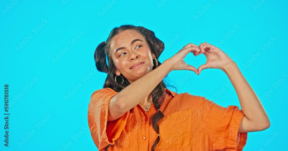Smile, love hand gesture and woman on studio backdrop with mockup ...