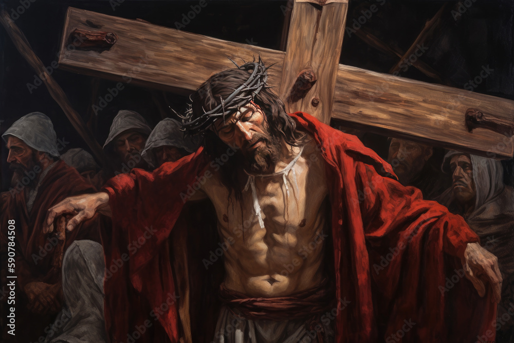 Jesus bearing the cross he will die on, generative AI Stock ...