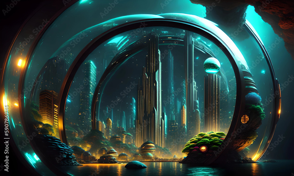 Floating city encased in glass domes in a subterranean cavern Stock ...