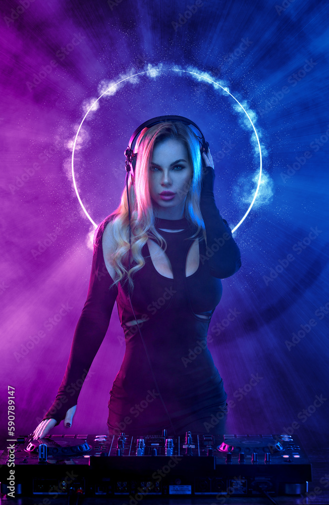 Foto de Music album cover design idea. Hot DJ in neon lights. Portrait ...