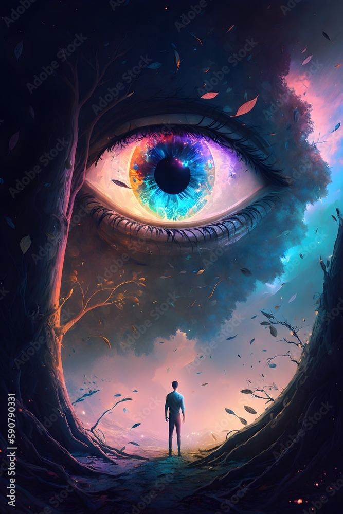 a big eye with banyan tree inside space illustration ultra realistic 8k ...