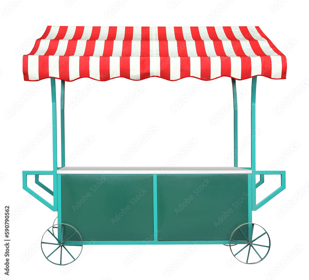 Green street market stand stall with wheels and red white striped ...