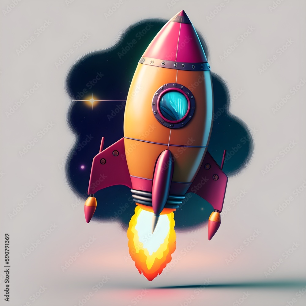 toy space rocket as a sticker with white border on a plain white ...