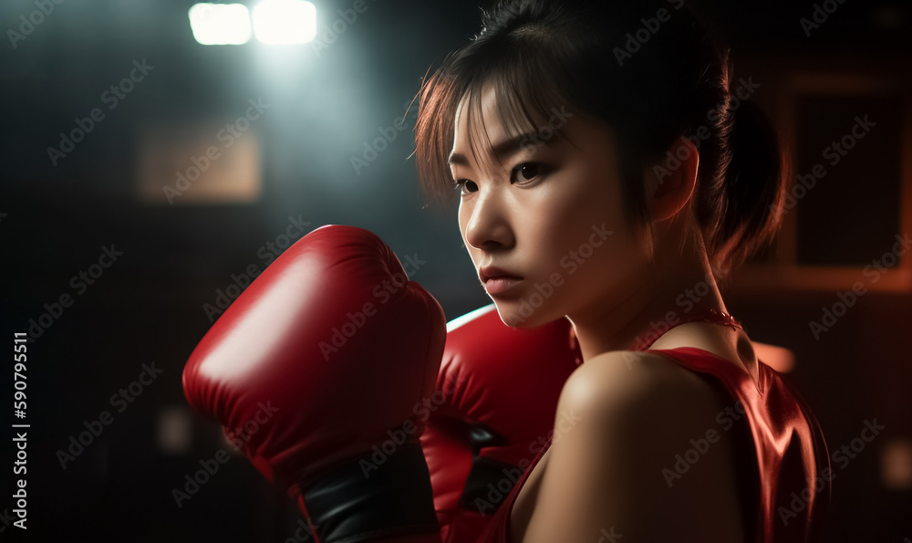 Beautiful Asian woman, wearing red boxing gloves, is lifting her arms ...
