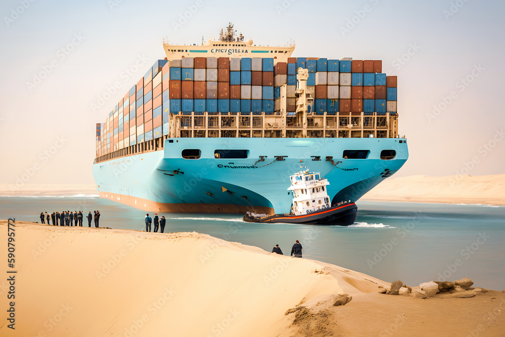 Container cargo ship accident crash sandy canal. Concept Global problem ...