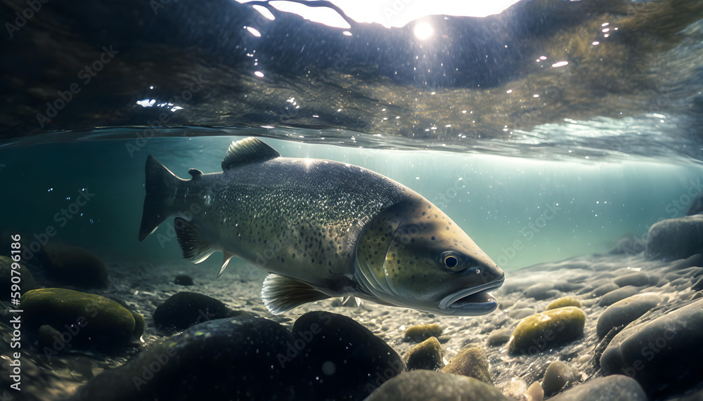 Predatory fish salmon trout in habitat under water looking for prey ...