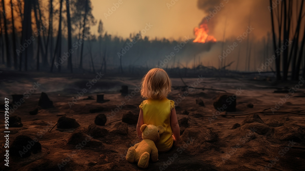 A child in a dystopian world alone in the face of disaster created with ...