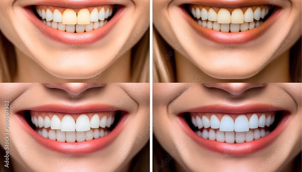 Yellow Teeth before and after whitening. Happy smiling woman ...