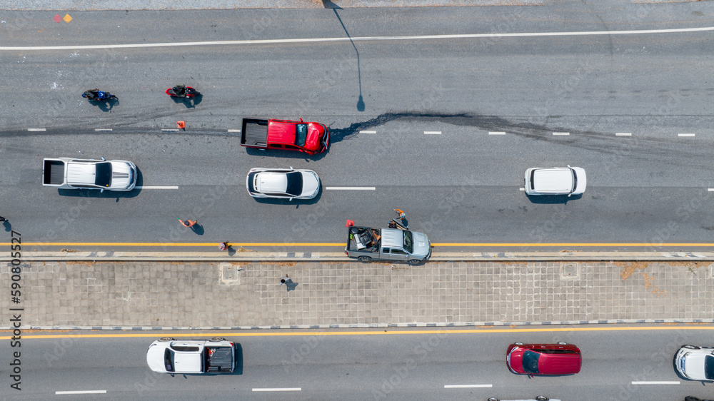 Two cars accident on the Road. Top view shot of two crushed cars on the ...