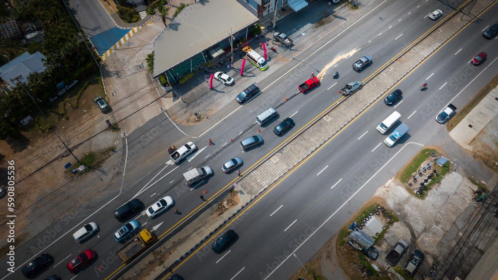 Two cars accident on the Road. Top view shot of two crushed cars on the ...