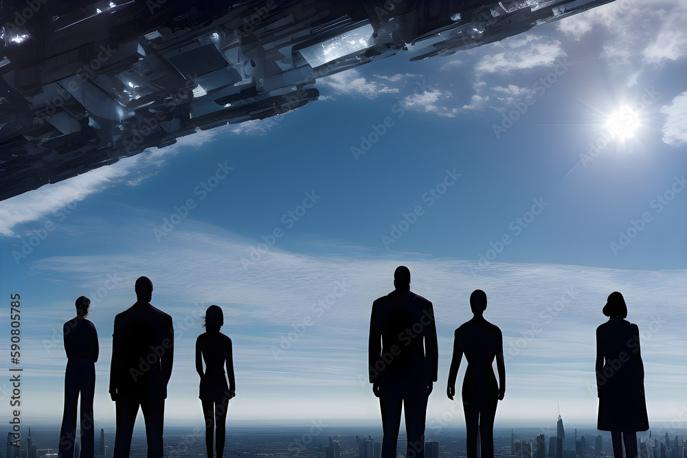 Silhouette of people looking at hyper futuristic city. Shadows of bussiness people in the future ...