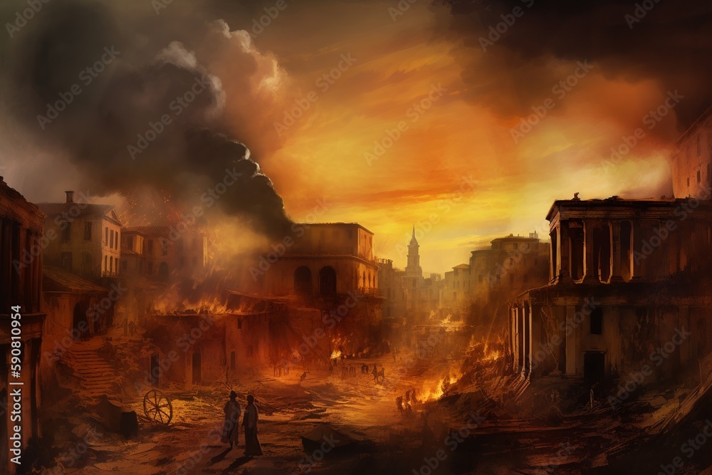 Haunting digital illustration of the Great Fire of Rome, set by Emperor ...