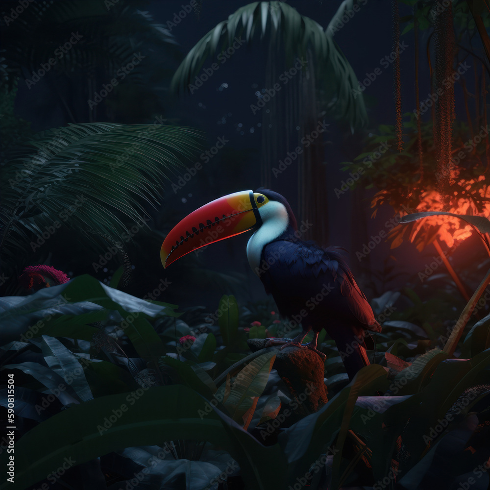 Dark night jungle with a toucan con luces de neon rojo y naranja ...