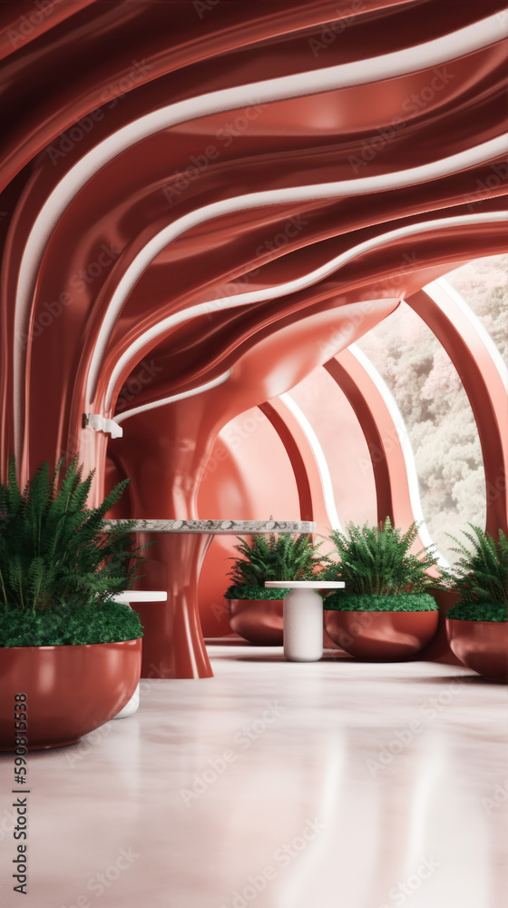 Wavy Red Metallic 3D Background futuristic, curvilinear, interior ...