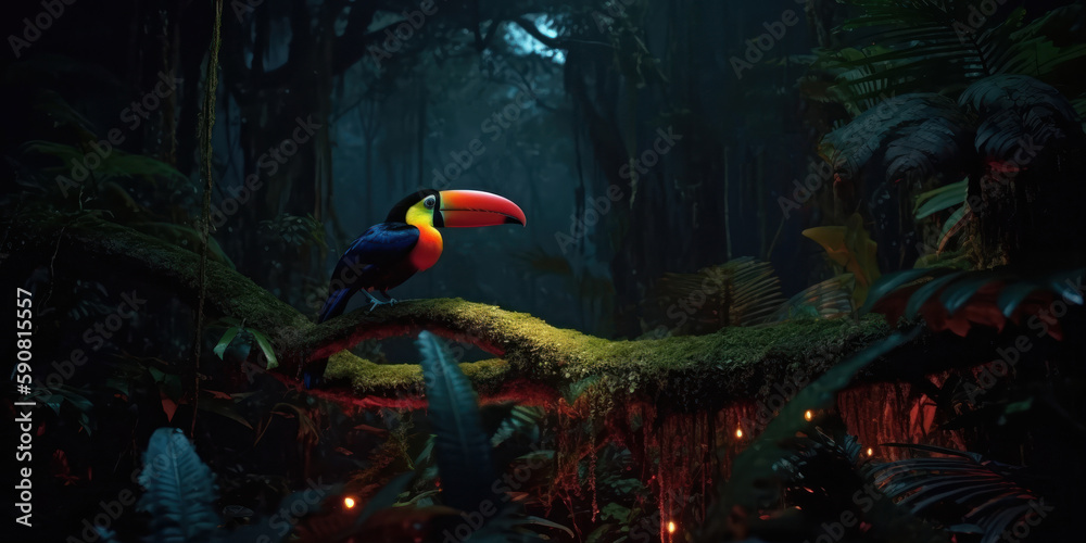 Dark night jungle with a toucan, Cinematic lighting, Beautiful photo ...