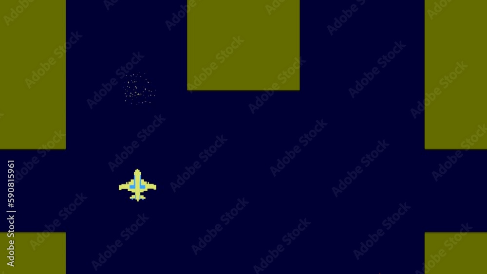 Animated video of a computer game of an 8-bit warplane shooting enemy ...