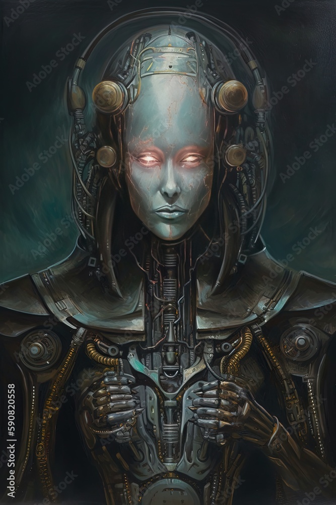 Painting of a robot artificial intelligence as a holy religious symbol ...