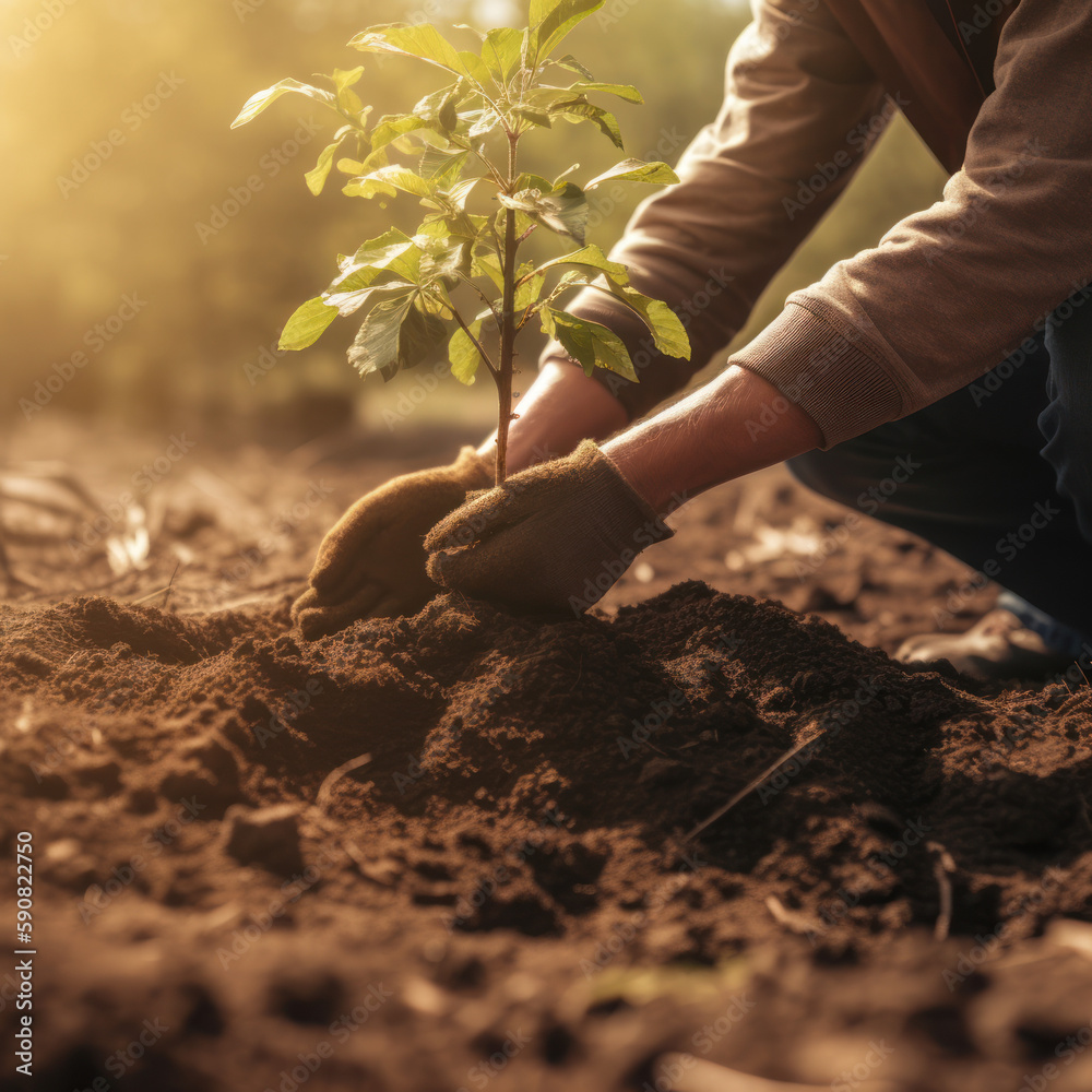 Close-up of hands tenderly planting a young tree, exemplifying ...