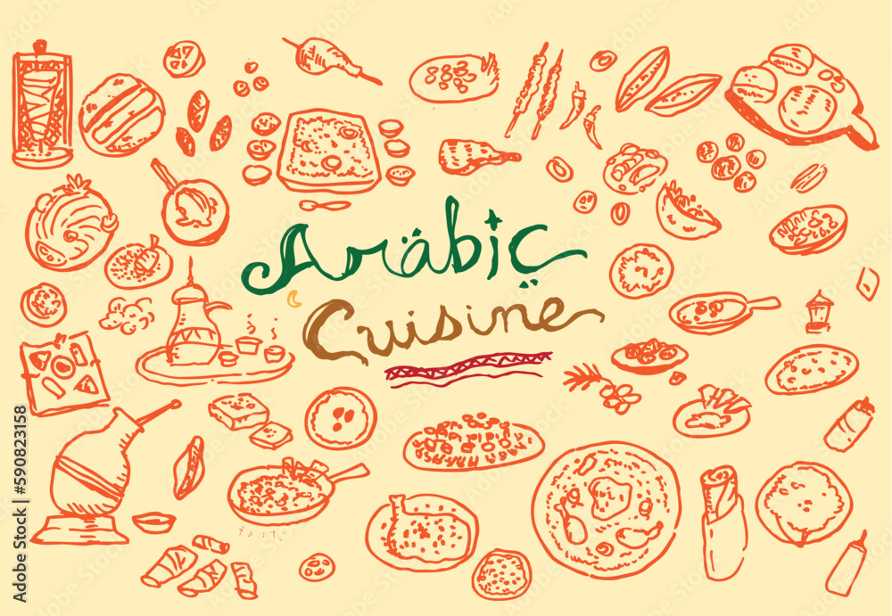 Arabic Cuisine Doodle art. Editable Clip Art. Stock Vector | Adobe Stock