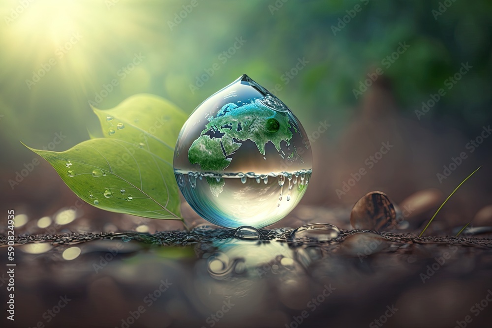 Drop of water falls from Earth in a water saving concept. Generative AI ...