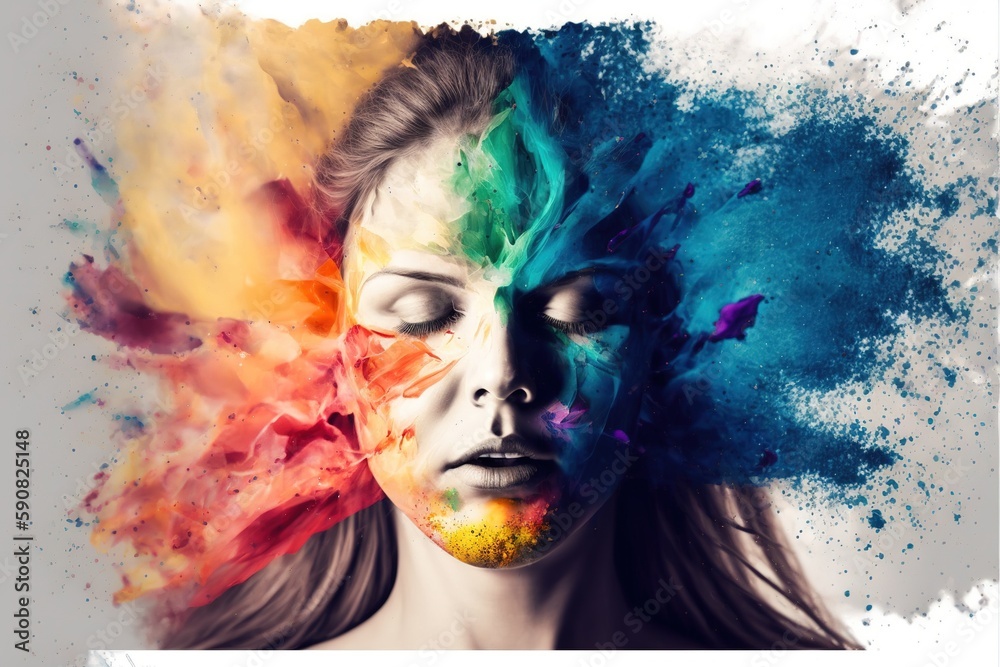 Woman with powerful vivid powder explosion on her head as symbol for ...