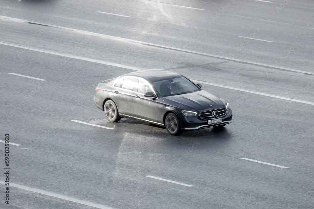 Aerial front side view of Mercedes Benz E Class W213 Facelift car ...