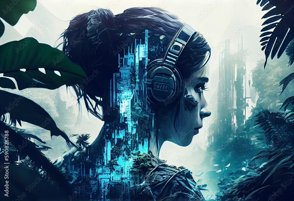 Female avatar wearing headphones and standing in jungle forest. Unity ...