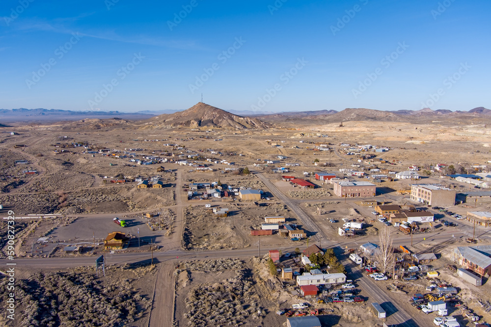 Aerial view of Goldfield Nevada, The Gold mining town in the Nevada ...