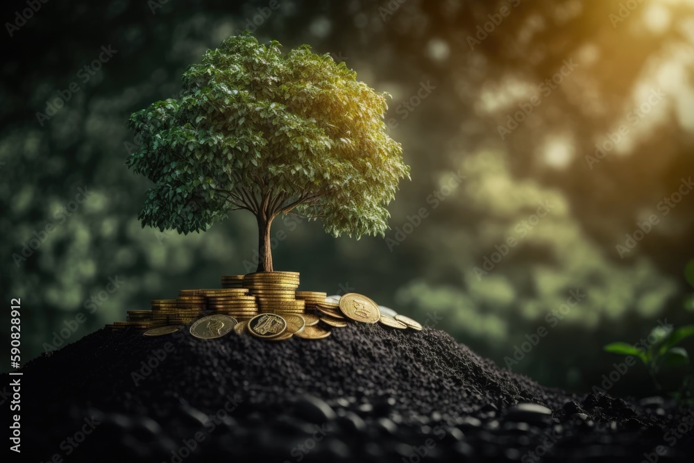 tree growing out of a mound of gold coins. Generative AI Stock ...