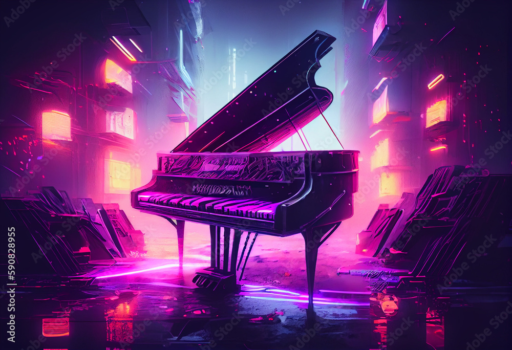 Ultra vilolet color Piano standing in futuristic city street with neon ...