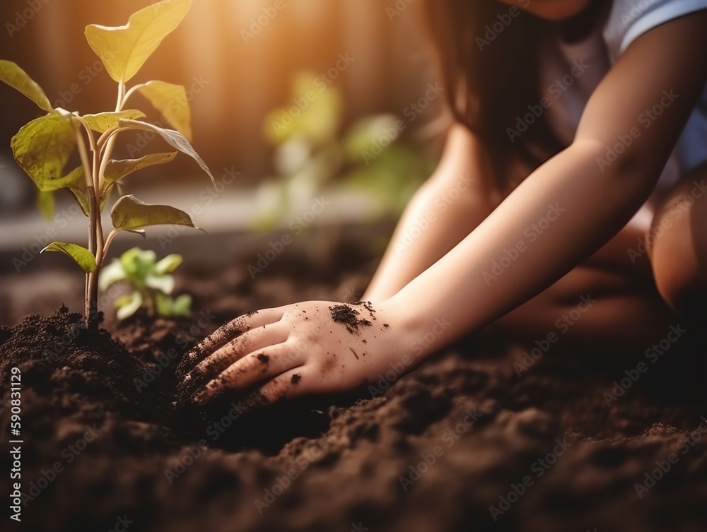 Little girl is planting a tree in the garden at sunset time. Stock ...
