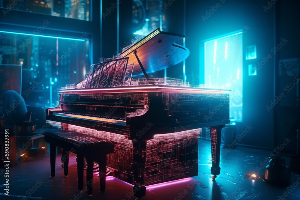 Piano standing in room with neon lights illumination futuristic ...