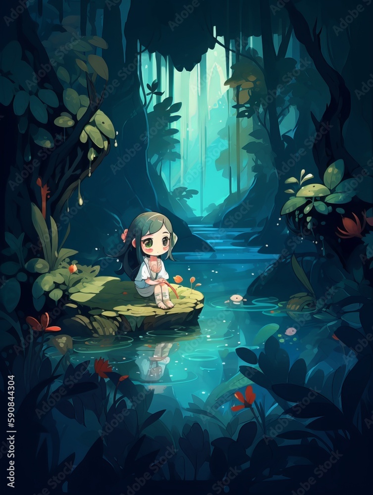 Cute, kawaii chibi little girl in the middle of swamp enjoying the ...