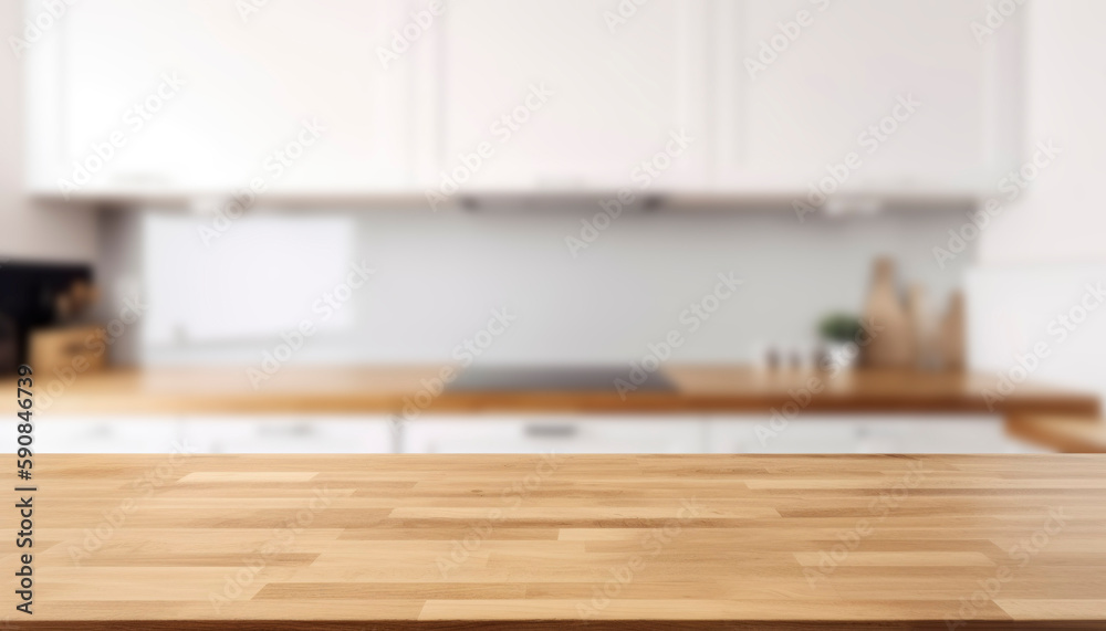 Empty beautiful wood table top counter and blur bokeh modern kitchen ...