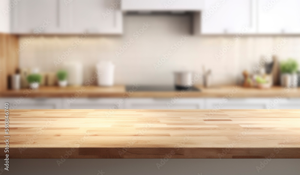 Empty beautiful wood table top counter and blur bokeh modern kitchen ...